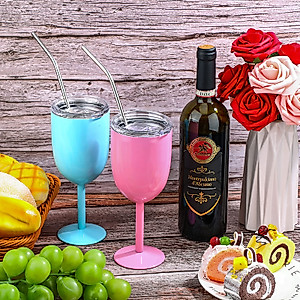 Geiserailie Stemmed Stainless Steel Wine Glasses with Lid Double Wall Insulated Wine Tumbler Unbreakable Goblets with Drinking Straw and Straw Brush, 10 oz(Black, White, Silver,3 Pieces)