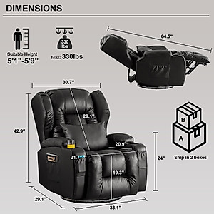 ETAGERIA Power Swivel Rocker Recliner Chair with Massage and Heat 360 Degree Glider Rocking Chairs Ergonomic Lounge Rocker w/Cup Holder/Remote/LED Light for Nursery,Living Room,Home Theater (Black)