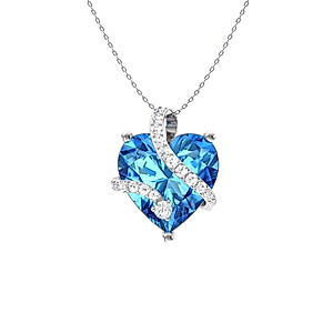Diamondere Natural and Certified Heart Cut Blue Topaz and Diamond Wrap Heart Petite Necklace in 14k White Gold | 1.68 Carat Pendant with 18 Inch Chain
