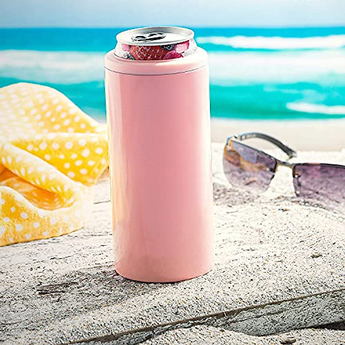 WinCheer 12 Oz Can Cooler with Reusable Straw, Double-walled Vacuum Stainless Steel Slim Can Holder for Beer Soda Beverage Energy Drinks Skinny Cans Sleeve (Pink)