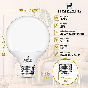 hansang 8 Pack Vanity Light Bulbs for Bathroom, 2700K Warm White E26 Base Round LED Globe Bulb, 40W Equivalent, G25 Vanity Light Bulb for Makeup Mirror Bedroom 120V, CRI85+, 500LM, Non-dimmable