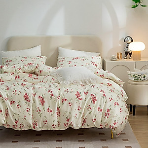 MOTNTD Floral Duvet Cover Twin Soft Cotton Bedding Set Twin Aesthetic Shabby Chic Girls Flower Pattern Duvet Cover Set 3 Piece Breathable Garden Botanical Comforter Cover with 2 Pillowcases