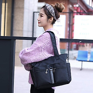 Womens Tote Bags Multi Pocket Soft Nylon Shoulder Bag Waterproof Travel Work Purse and Handbags (Black)