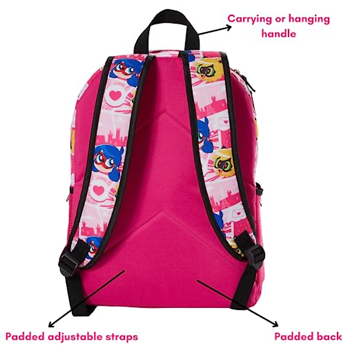 Miraculous Ladybug Cat Noir Backpack Set with Lunch Bag for Girls, 16 inch, 5 Piece Value Set, Pink