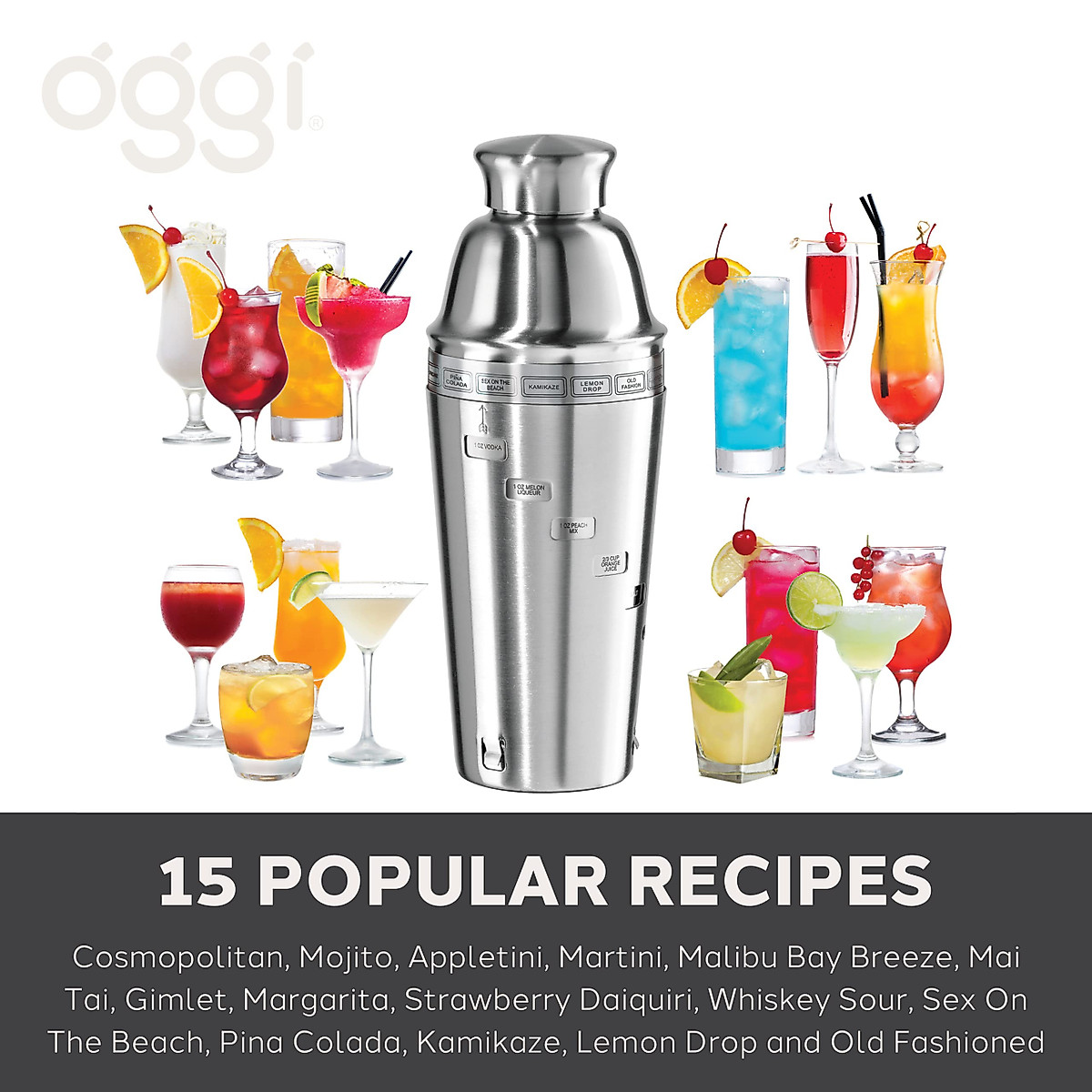 OGGI Dial A Drink Cocktail Shaker - Stainless Steel, 15 Recipes, Built in Strainer, 34 oz - The Original and Only Dial A Drink - Ideal Home Bar Drink Mixer, Bartender Kit, Essential Bar Accessories