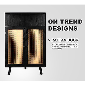 ZYBT Rattan Corner Storage Cabinet, 4-Tier Cabinet with 2 Rattan Doors, Small Wood Corner Table Bar Cabinet, Small Space Freestanding Corner Shelf Stand for Living Room, Bedroom, Kitchen (Black)