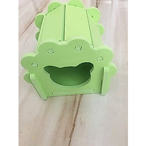 Hamster House Cage Wood Chew Toy DIY Colorful Hut for Hamster Gerbil Rat Small Animals Hideout with Free Hamster Lead Leash (L, Green)