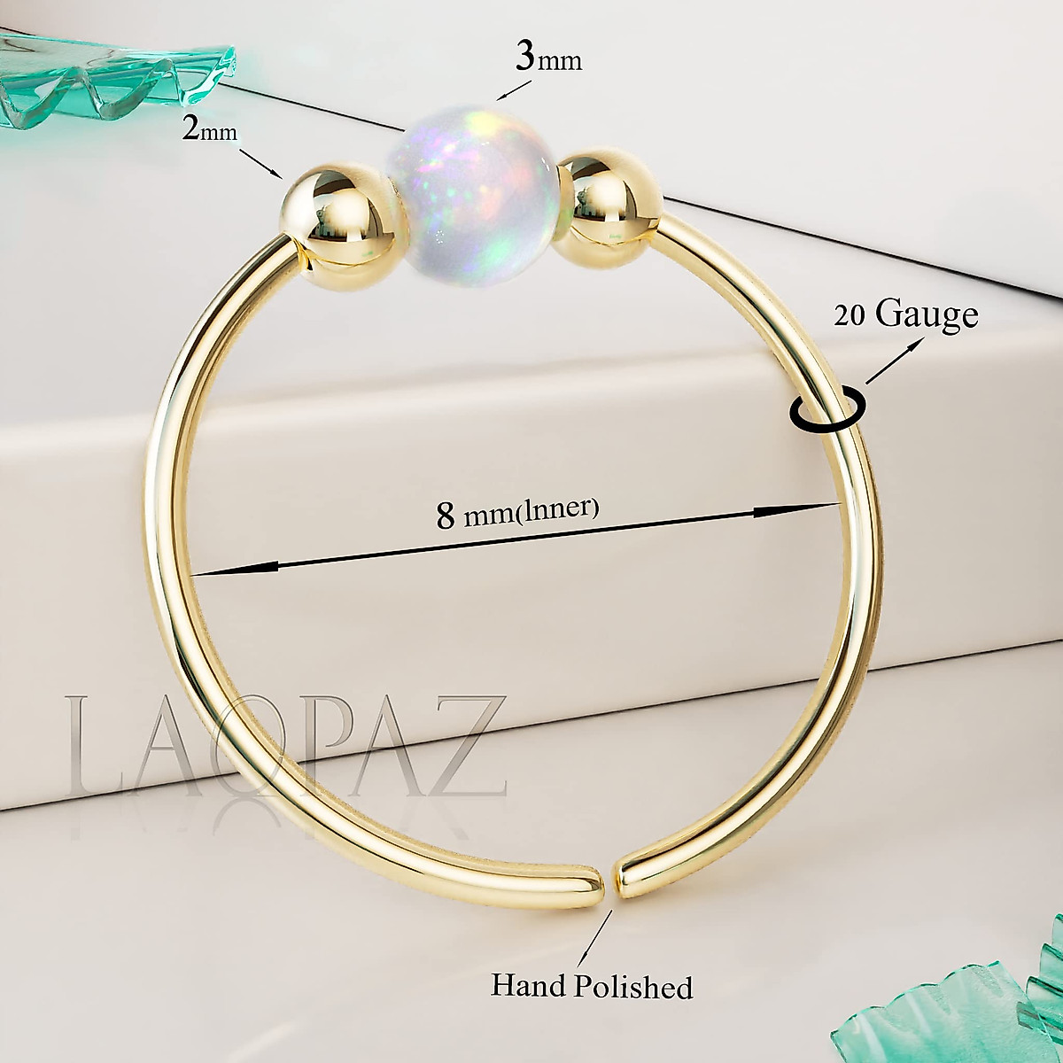 LAOPAZ 14k Gold Filled Nose Hoop with White Opal - 20 Gauge Nose Ring for Women and Men - Hypoallergenic Nose Jewelry 7mm Diameter 0.2 Inches - Handmade Nose Ring for Women