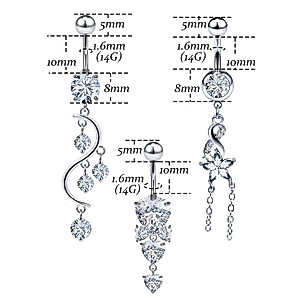 Vsnnsns 14G Belly Button Rings for Women Stainless Steel CZ Opal Long Dangle Belly Button Piercing Jewelry Belly Rings Bars Curved Navel Ring Barbell Body Jewelry Piercing for Women Men Silver 8Pcs