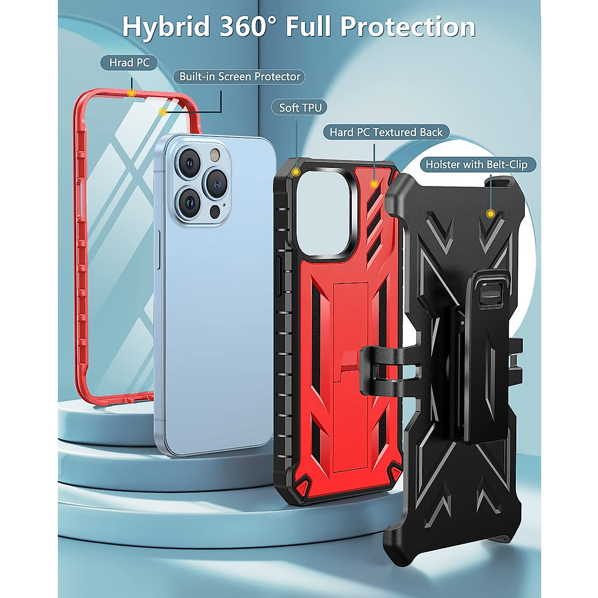 WTYOO for iPhone 13 Pro Max Case: with Built-in Kickstand & Screen Protector | Full-Body Dual Layer Rugged Belt Clip Holster, Durable Heavy Duty Military Shockproof Protective Phone Cover-Black