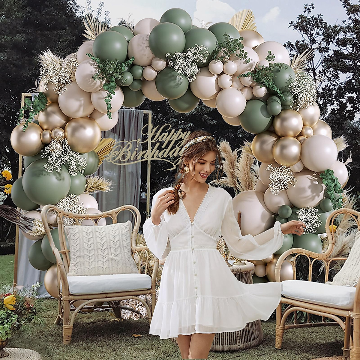 130Pcs Sage Green Gold Balloon Garland Arch Kit with Sage Green Sand White Gold Balloons for Baby Shower Bridal Shower Birthday Engagement Wild One Party Decorations