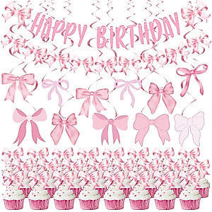 Colingmill 41 Pcs Coquette Bow Birthday Decorations Includes 2 Pcs Pink Bow Birthday Banner Garland 15 Pcs Pink Bow Party Hanging Swirls 24 Pcs Bow Cupcake Toppers for Wedding Baby Shower Party Decor