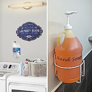 Wall Mounted Gallon Jug Holder Hardware Included | Heavy Duty Steel Frame & Bracket USA Made | Round Bottle Hand Sanitizer, Soap, Detergent & Garage Storage Rack | Powder Coated White 2pk