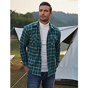 COOFANDY Mens Cotton Long Sleeve Plaid Shirts Casual Lined Fleece Plaid Flannel Shirts Jacket Green X-Large