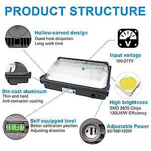 LED Wall Pack Light with Dusk-to-Dawn Photocell,120W/100W/80W Selectable, 0-10V Dimmable 15600LM 5000K Daylight Outdoor Wall Light,Replace 450W MH/HPS, IP65 120-277V AC for Parking Lot DLC & UL Listed
