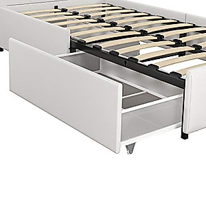 DHP Dakota Upholstered Platform Bed with Underbed Storage Drawers and Diamond Button Tufted Headboard and Footboard, No Box Spring Needed, Twin, White Faux Leather