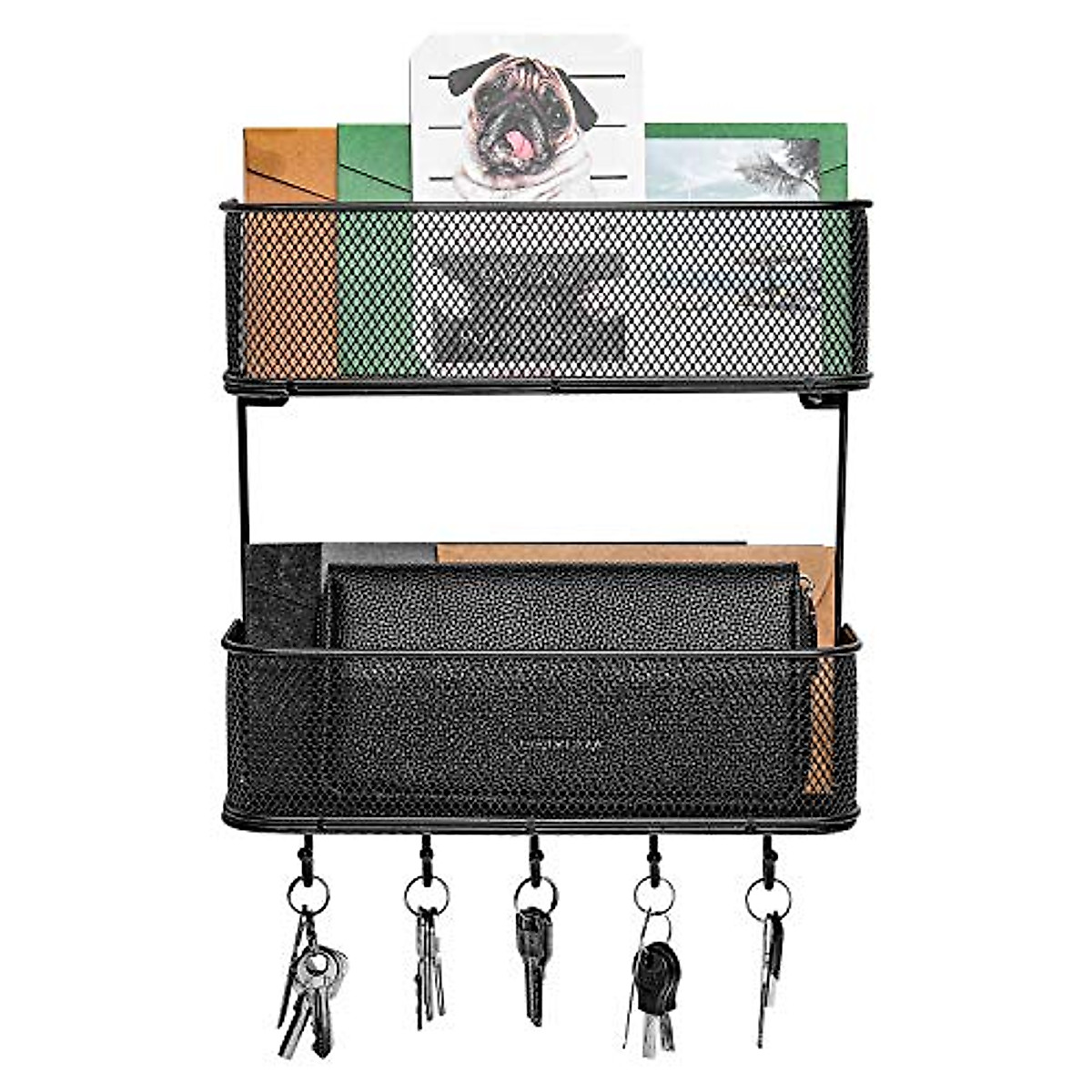 PAG Wall Mount Mail Organizer Double Basket Hanging Letter Sorter with 5 Key Hooks for Entryway/Kitchen/Mudroom/Home/Office, Black