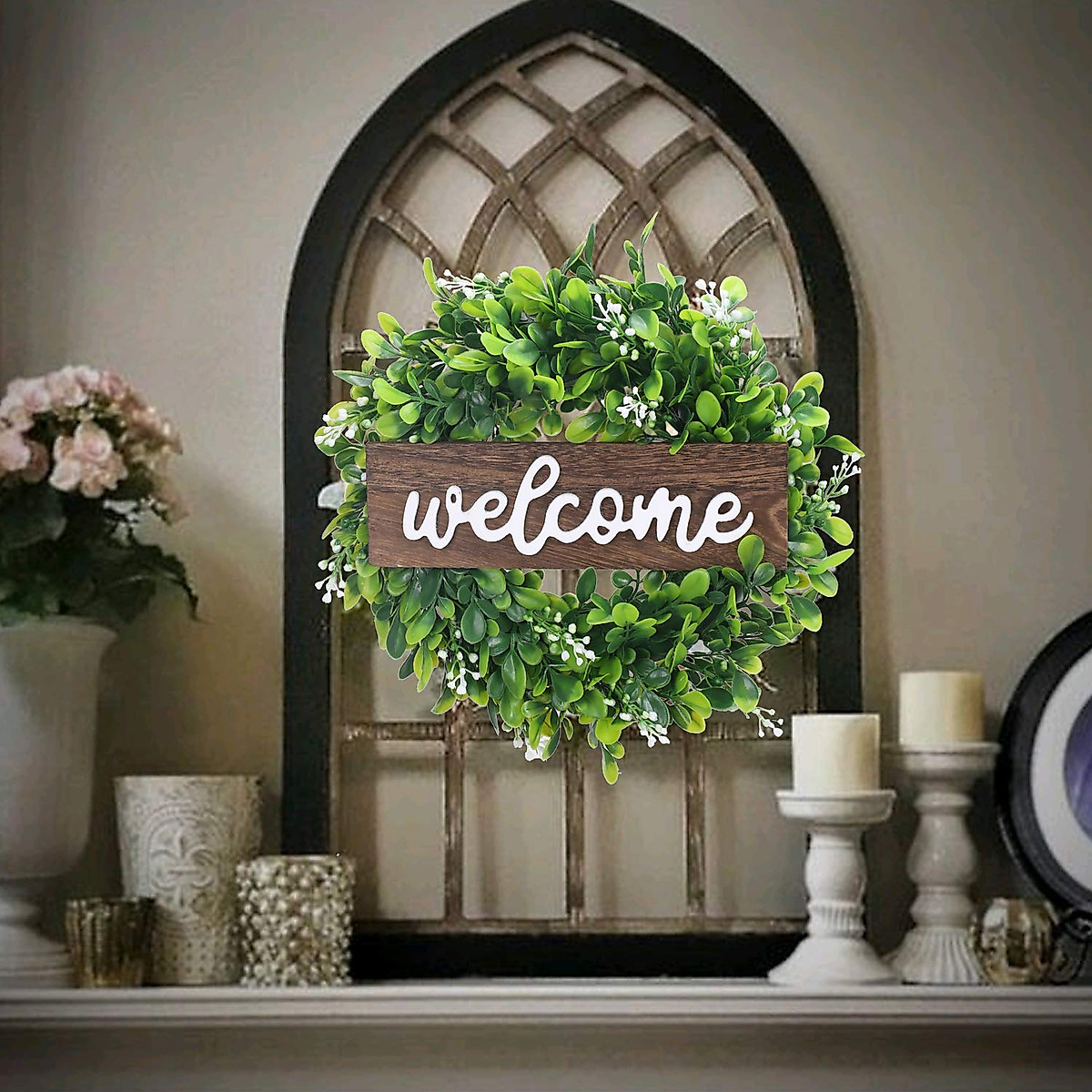 NAHUAA 12 Inch Boxwood Wreath for Front Door Artificial Green Leaves Spring Wreath with Welcome Sign for Farmhouse Wreath Wall Window Wedding Home Table Centerpiece