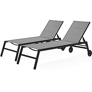 Topeakmart Outdoor Lounger, Patio Chaise Lounge Set with Wheels, All Weather 5-Position Adjustable Reclining Chair for Pool Yard Deck Beach Dark Gray