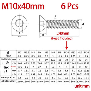 M10-1.5 x 40mm Flat Head Socket Cap Screws Bolts, Stainless Steel 18-8 (304), Bright Finish, Allen Socket Drive,Machine Screws Inner Hex Screw Fasteners Bolts 6 Pcs