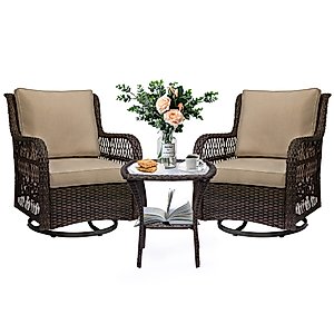 Amyove 3 Pieces Outdoor Wicker Swivel Patio Set, 360° Swivel Rocking Patio Chairs of 2 with Side Table and Fabric Cushions for Outside, Yard, Garden, Balcony (Rust)