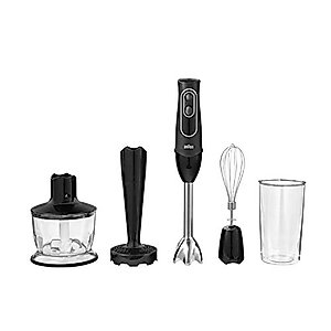 Braun 4-in-1 Immersion Hand Blender, Powerful 350W Stainless Steel Stick Blender, Multi-Speed + 2-Cup Food Processor, Whisk, Beaker, Masher, Easy to Clean, Black, MultiQuick MQ537BK