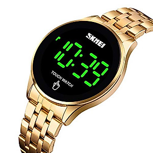 PASOY Touch Screen Digital LED Watch Green Highlight Backlight Stainless Steel WatchBand Waterproof Casual Sport Mens Womens Boys Watch (Gold)