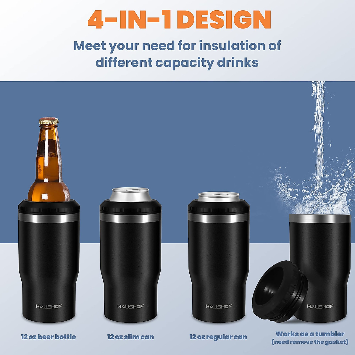 HAUSHOF 12 oz Can Cooler, 4 in 1 Insulated Stainless Steel Can Insulator, Fits for 12 oz Standard Can|12 oz Slim Can|12 oz Beer Bottle, Perfect for Camping, Beach, Picnic