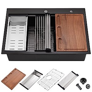 33 Black Drop In Kitchen Sink Workstation - iAnomal 33 x 22 Black Kitchen Sink Drop In Topmount Workstation Sink 16 Gauge 10 Inch Deep Stainless Steel Single Bowl Kitchen Sink with Cutting Board