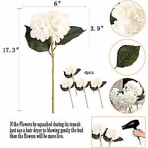 Jim's Cabin Pack of 4 Artificial Fake Flowers Plants Silk Hydrangea Arrangements Wedding Bouquets Decorations Plastic Floral Table Centerpieces Home Kitchen Garden Party Festival Bar(White)