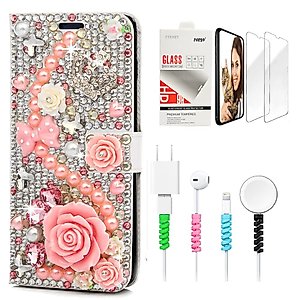 STENES Bling Wallet Phone Case Compatible with Samsung Galaxy S23 - Stylish - 3D Handmade Crystal Rose Crown Bow Flowers Magnetic Leather Cover with Screen Protector & Cable Protector - Pink