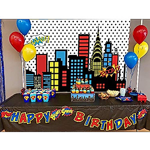 Art Studio 7x5ft Superhero Super City Photography Backdrops Skyline Buildings City Boom Photo Background Children Birthday Party Banner Photo Studio Booth Cake Table Decor Vinyl