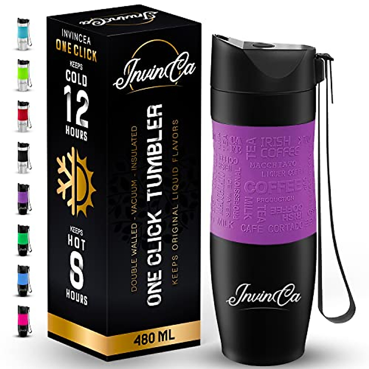 INVINCEA ONE-CLICK Travel Mug: Thermal Vacuum-Insulated Coffee Mug, Double-Wall Stainless Steel Durable Mug with a Leak Proof Lid for your Daily Hot/Cold/Ice Drinks; 16-oz Metal Cups. Black/Violet