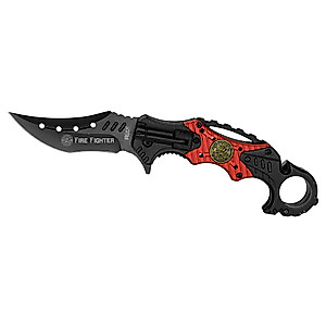 5.25" Firefighter Folding Knife w/LED Attached Red w/Gold Maltese Cross Inlay