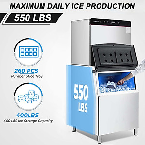 PULLAFUN Commercial Ice Maker Machine 550LBS/24H, Industrial Ice Machine with 330lbs Storage Bin, Ice ready in 8-15 min, Stainless Steel 1280W/120V, Self-Clean Ice Maker for Cafe/Bar/Restaurant