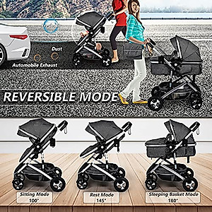 Kinder King 2 in 1 Convertible Baby Stroller, Folding High Landscape Infant Carriage, Newborn Reversible Bassinet Pram, Adjustable Canopy, Diaper Bag, Anti-Shock Toddler Pushchair Stroller, Dark Grey