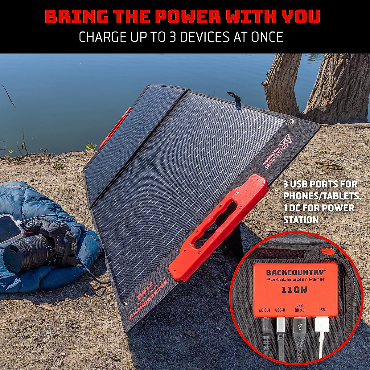 Backcountry Portable Solar Panels, 110W or 60W - IP65 Water Resistant Solar Charger with 3 USB Ports for Phones and DC Out for Power Stations