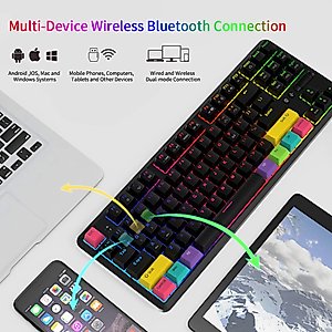 NACODEX K870T TKL Wired/Wireles RGB Mechanical Keyboard | Tenkeyless Bluetooth Keyboard with Volume Wheel Design | 10PCS Mixed Color Keycaps, Up to 3 Devices for Office Gaming (Blue Switch)