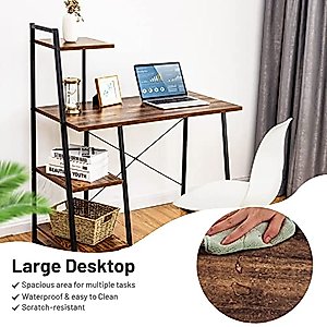 COSTWAY Computer Desk with 4-Tier Storage Shelves, Home Office Desk Writing Table with Sturdy X-Shape Frame, Adjustable Foot Pads, Modern Simple Style Small Study Desk, Wide Tabletop (Brown and Black)