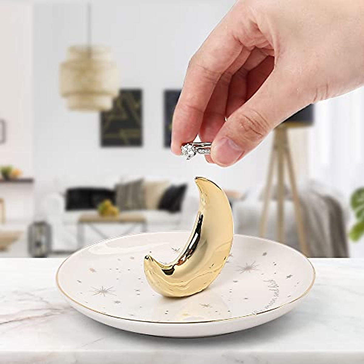 LotFancy Jewelry Dish, Moon Ring Dish Holder, Ceramic Trinket Jewelry Tray for Earring Bracelet Necklace Wedding Engagement Gift