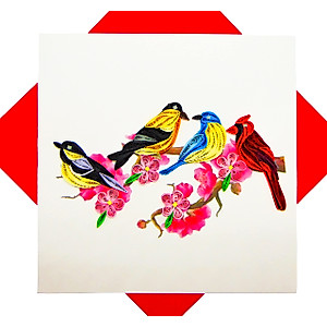 Four Colorful Birds sitting in a tree, Quilling Card 3D,Unique Dedicated Handmade, Design Greeting Card for Birthday, Valentine's Day, Mothers Day, Spring, Fathers Day, All Occasion,6"x6"
