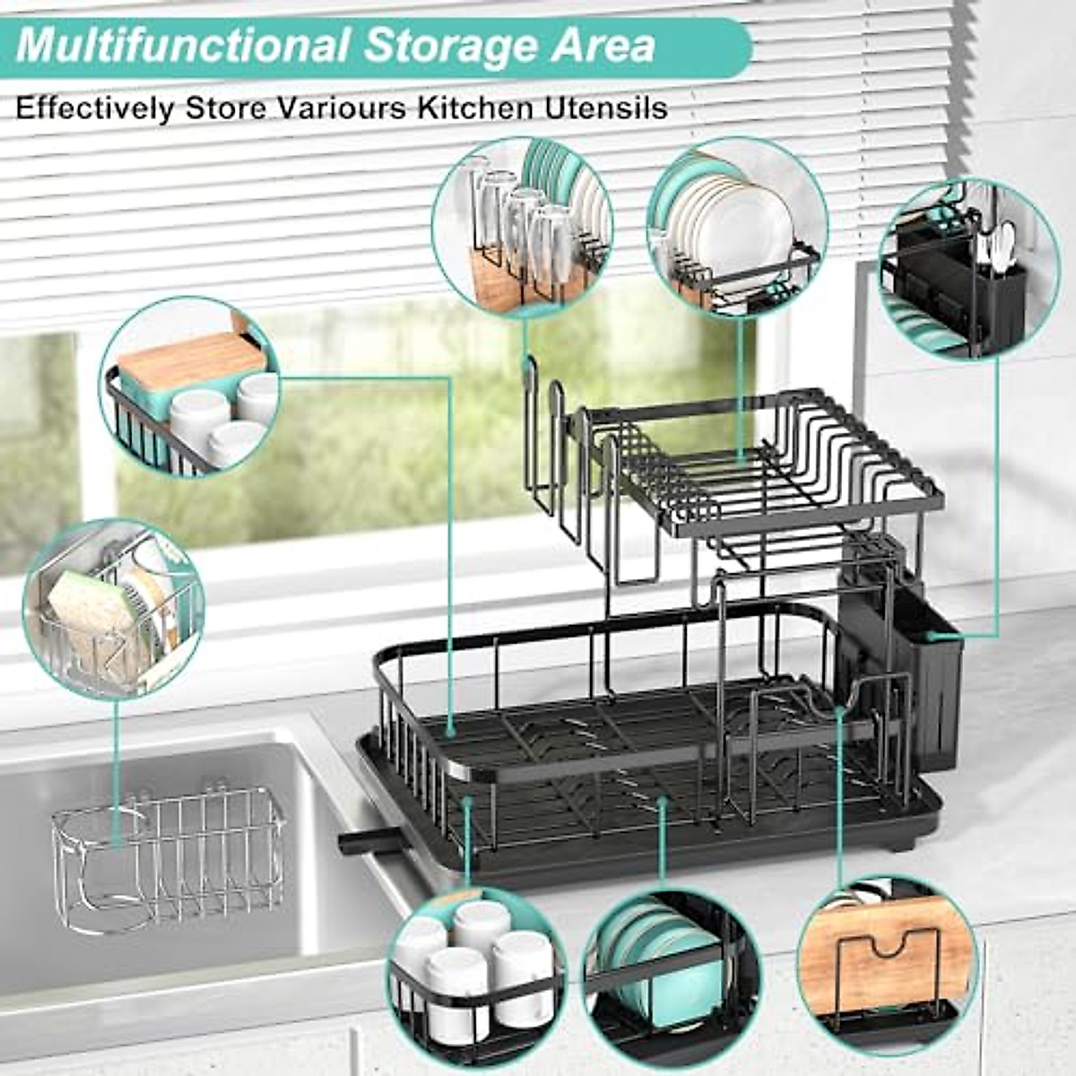 Loftiage Dish Drying Rack with Extra Sponge Holder for Kitchen Counter Sink, 2 Tier Large Dish Drainer Racks, Adjustable Spout Dish Strainer with Drainboard, Utensils, Cutlery Holder, Black