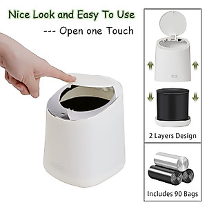 QLFJ-FurDec Mini Desktop Trash Can with 90 Trash Bags, Press-Type Countertop Wastebasket with Lid, Small Plastic Garbage Can for Bathroom Bedroom Living Room Dressing Table(White)