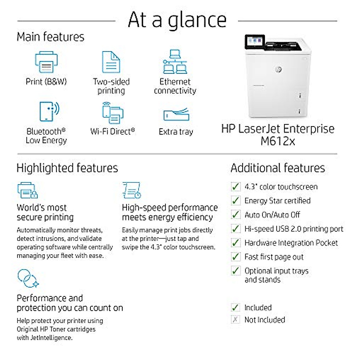 HP LaserJet Enterprise M612x Monochrome Printer with built-in Ethernet, 2-sided printing & extra paper tray (7PS87A), White