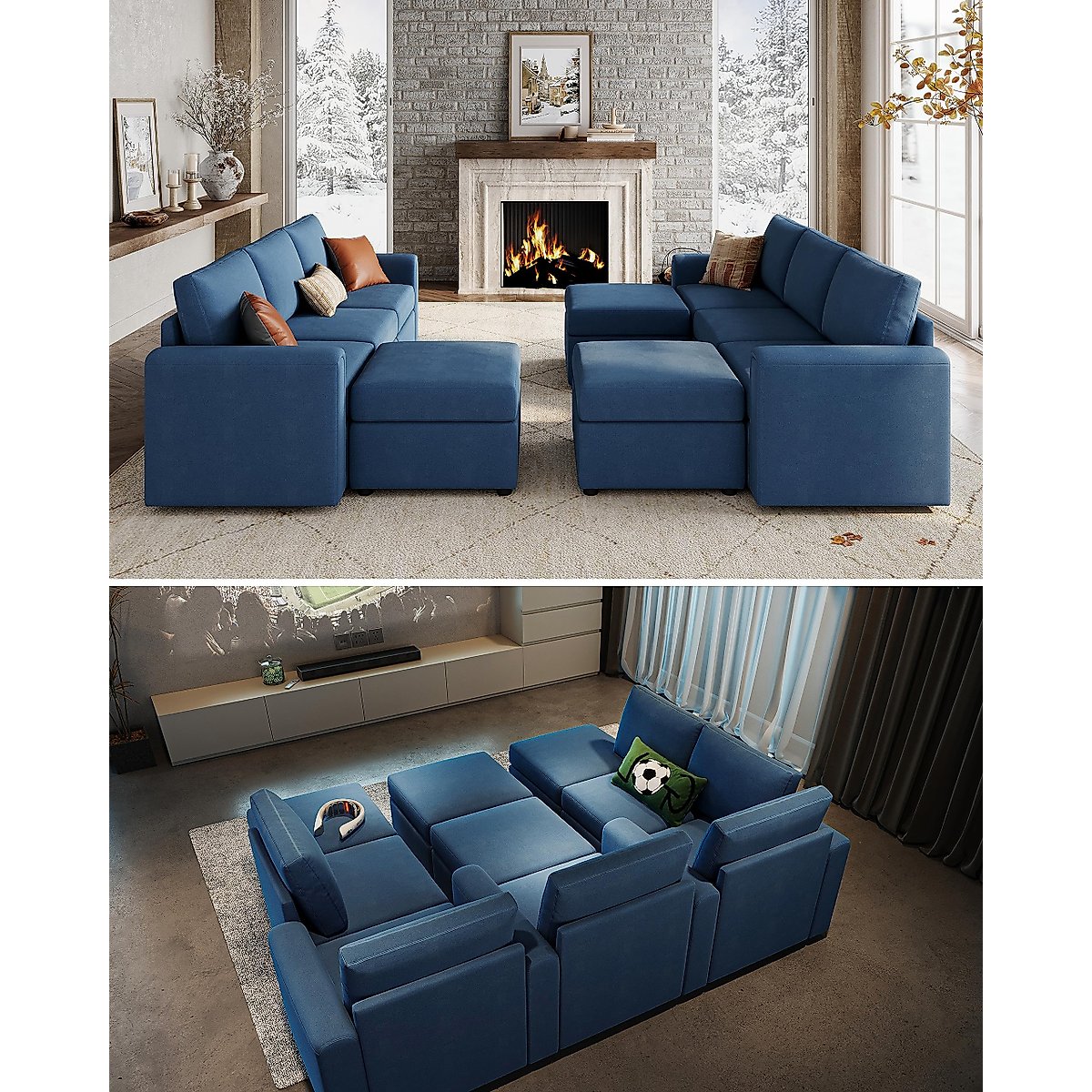 LINSY HOME Modular Sectional Sofa, Oversized Sectional Couch with Storage, Ottomans, Modular Sectional Sleeper Sofa with Memory Foam, 9 Seat U Shape Sofa Set for Living Room, Blue