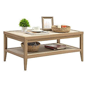 SICOTAS Rattan Coffee Table for Living Room - Boho Rectangle Center Coffee Tables with 2-Tier Rattan Storage Shelves - Accent Sofa Side Table for Small Space