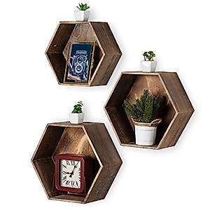 Rustic State Brooks Wall Mount Hexagon Honeycomb Box Geometric Floating Shelf Display Hanging Bookshelf Decorative Picture Ledge with Wood Back - Distressed Walnut - Multi Sizes - Set of 3