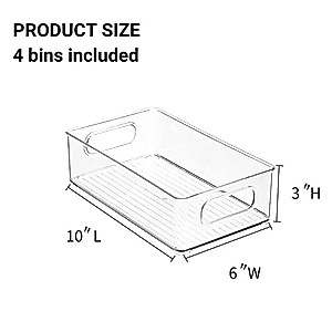 Ikaufen 4 Pack Stackable Refrigerator Organizer Bins, BPA Free Plastic Kitchen Storage Container Bins with Handles for Clear Organizer in Pantry, Cabinet, Refrigerator,Freezer Shelves,Drawer