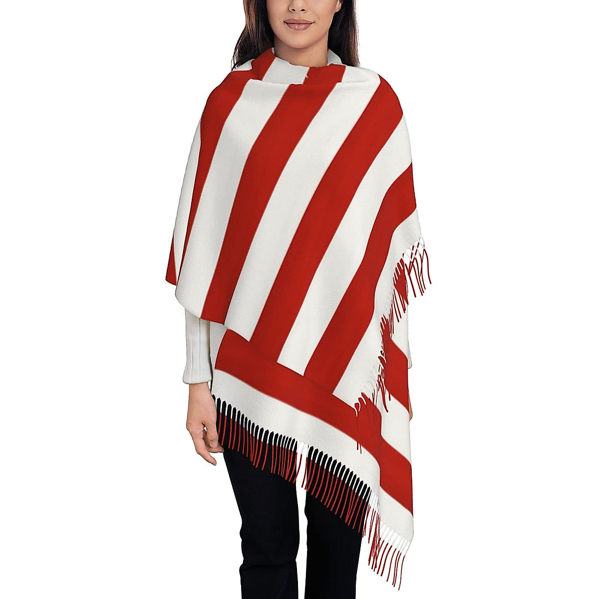 MIGAIUOI Women's Scarf Wraps White and Red Cashmere Feel Scarves With Tassel for Ladies Cold Weather Scarfs Gift