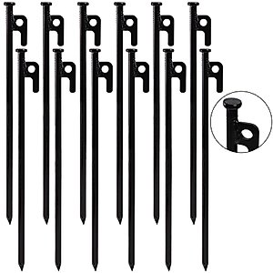 Suwimut 12 Pack Tent Stakes, 12 Inch Black Heavy Duty Forged Steel Tent Pegs, Metal Ground Stakes Tent Spikes for Camping Patio, Garden, Canopies, Grassland, Outdoor, Unbreakable and Inflexible